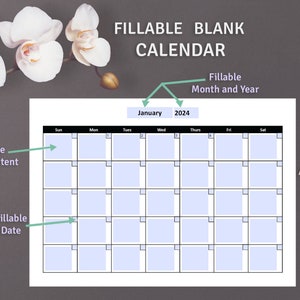 Fillable Editable Blank Monthly Calendar Printable, Landscape Layout ...