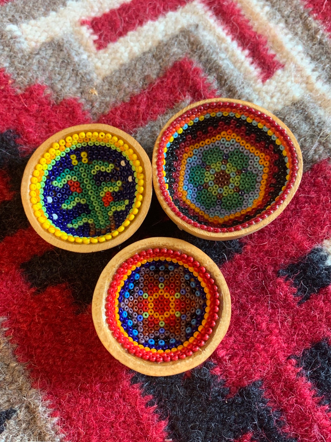 Vintage Huichol Tribe Beaded Bowls , Folk Art, Handmade, Hand Beaded ...