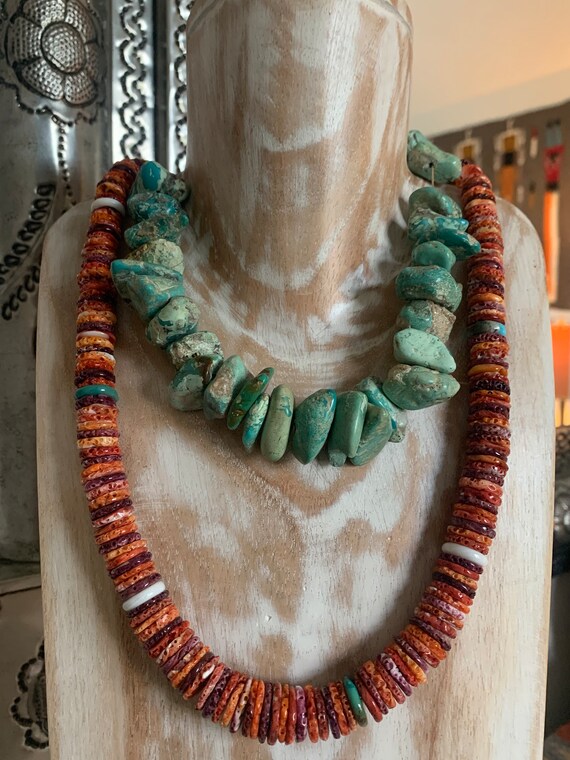 Vintage Spiny Oyster Rolled Turquoise Necklaced,Beade… - Gem