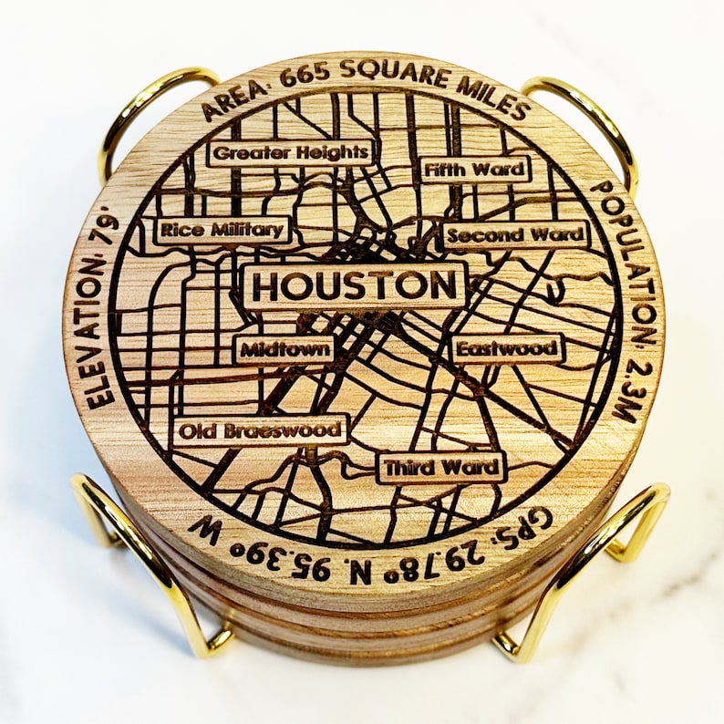 Houston Map Coaster Set - Acacia Wood Coasters, Houston Gifts, Houston ...