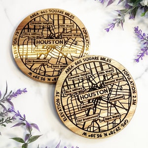 Houston Map Coaster Set - Acacia Wood Coasters, Houston Gifts, Houston ...