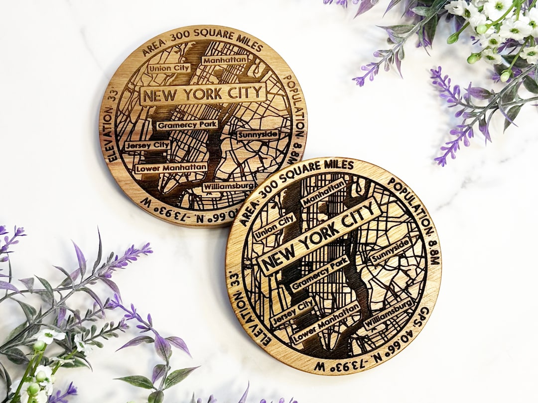 New York City Map Coaster Set - Acacia Wood Coasters, New York City ...
