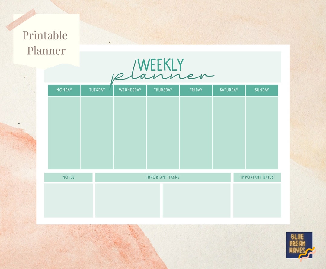 Weekly Planner | Printable Green Weekly Planner | Digital Weekly ...