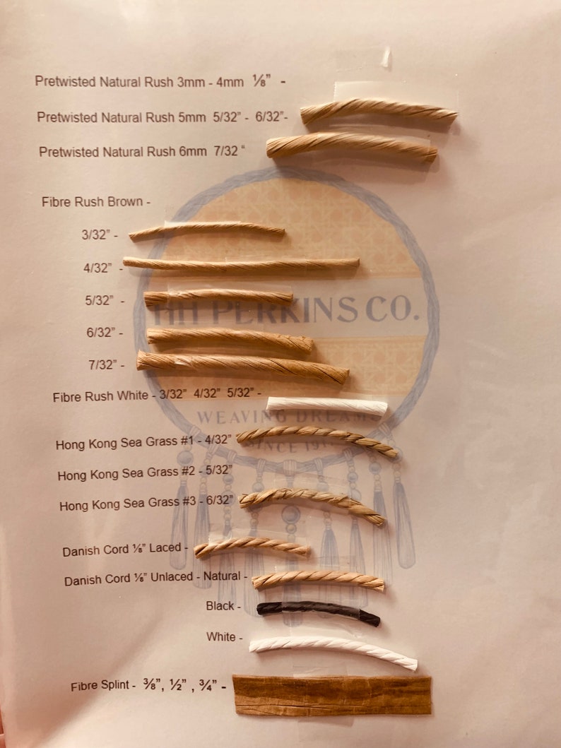 Cane Webbing & Rushing Materials Sample Chart: Reed Spline, Shaker Tape ...