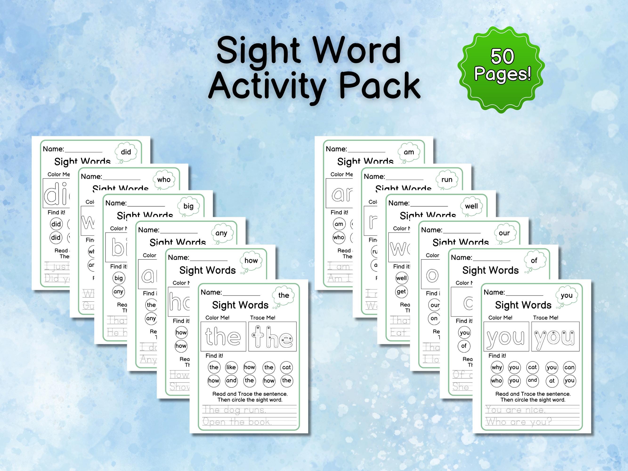 Sight Words Activity Pack, Printable Fun Trace & Color Worksheets for ...