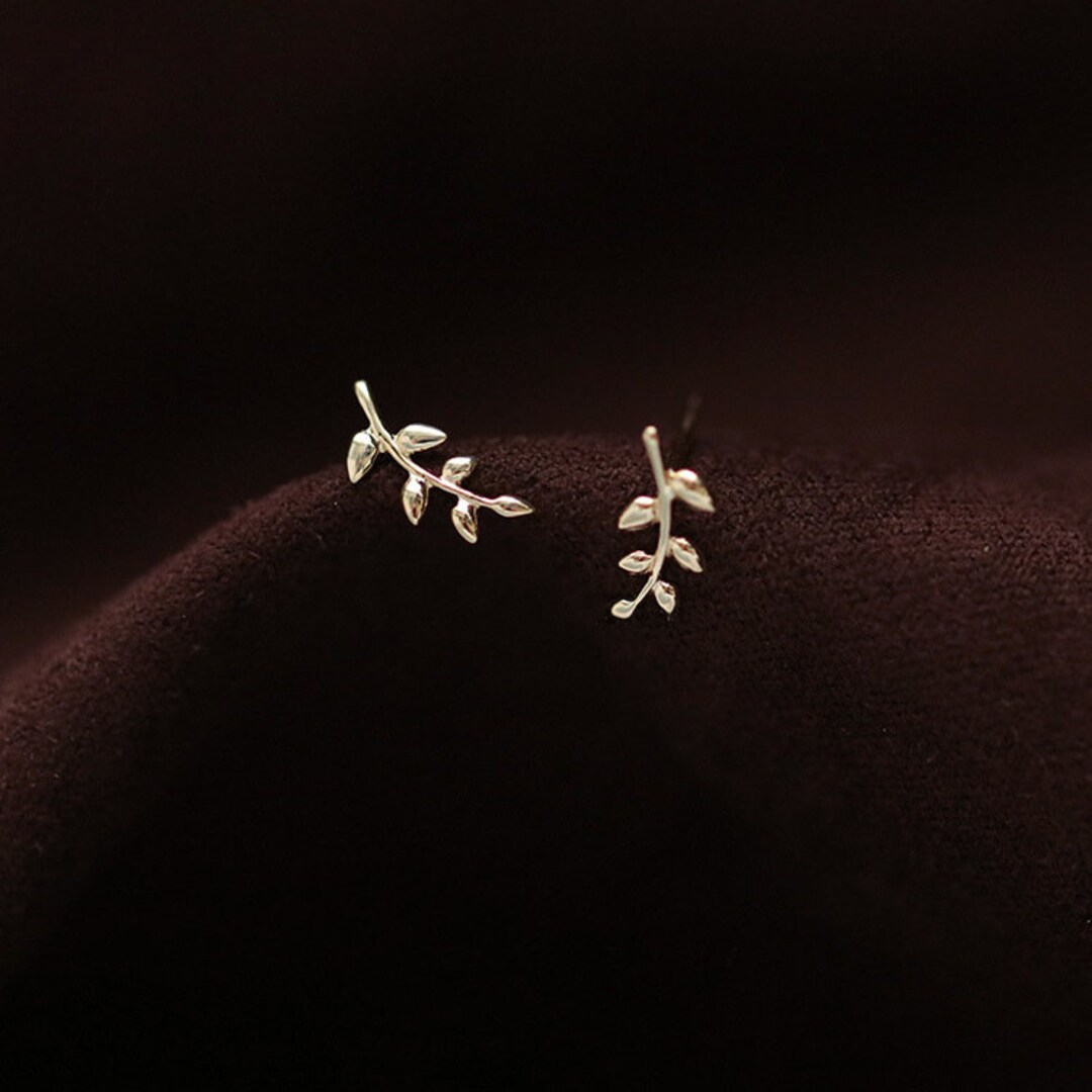 Dainty Tiny Leaf Stud Earrings, 925 Silver Leaf Studs Gold Branch Ear ...