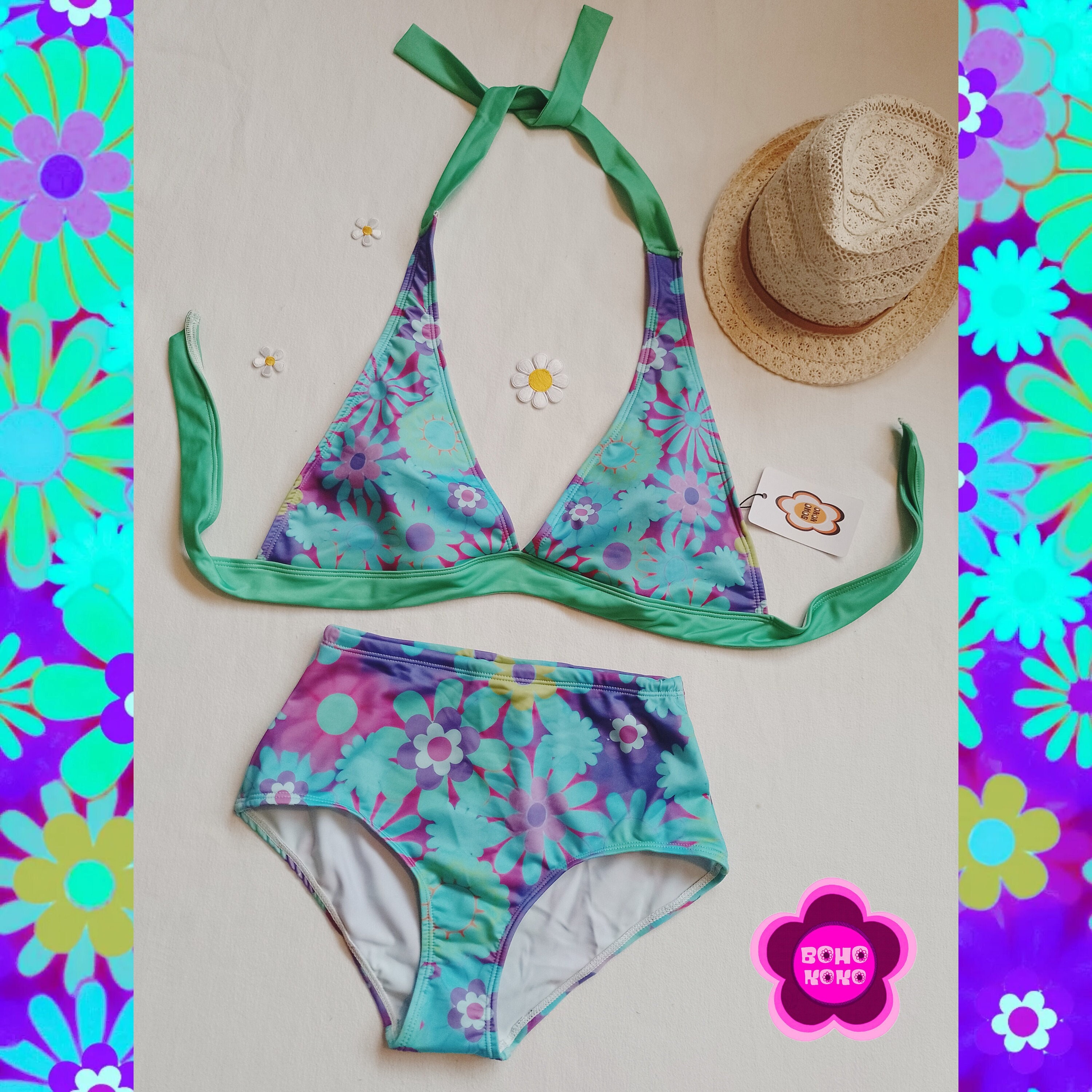 Blue, Flower Power, Bikini, With High Waisted Bottoms, 60's, 70's ...