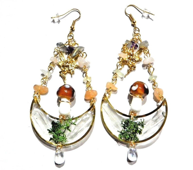 Fairy Crystal Earrings Mushroom Moss Butterfly Dangle Boho Chic Fairy Cottagecore Kitchy ...