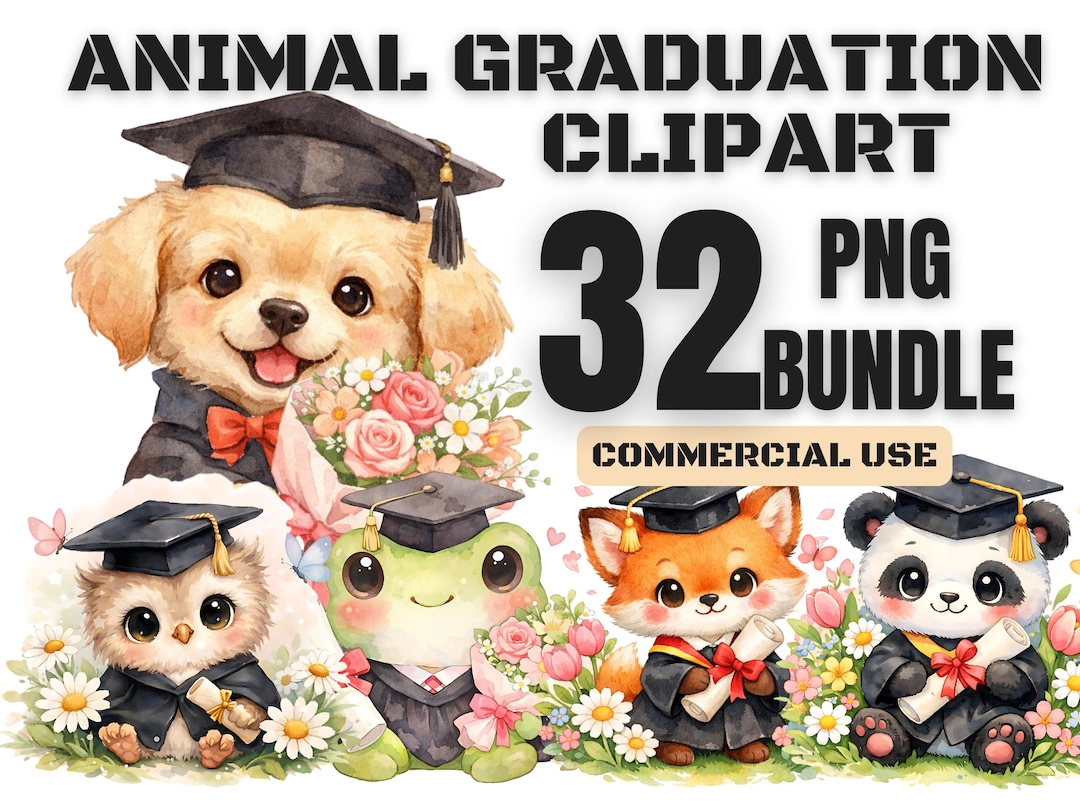Animal Graduation Clipart Bundle, Watercolor Graduate Animals PNG ...