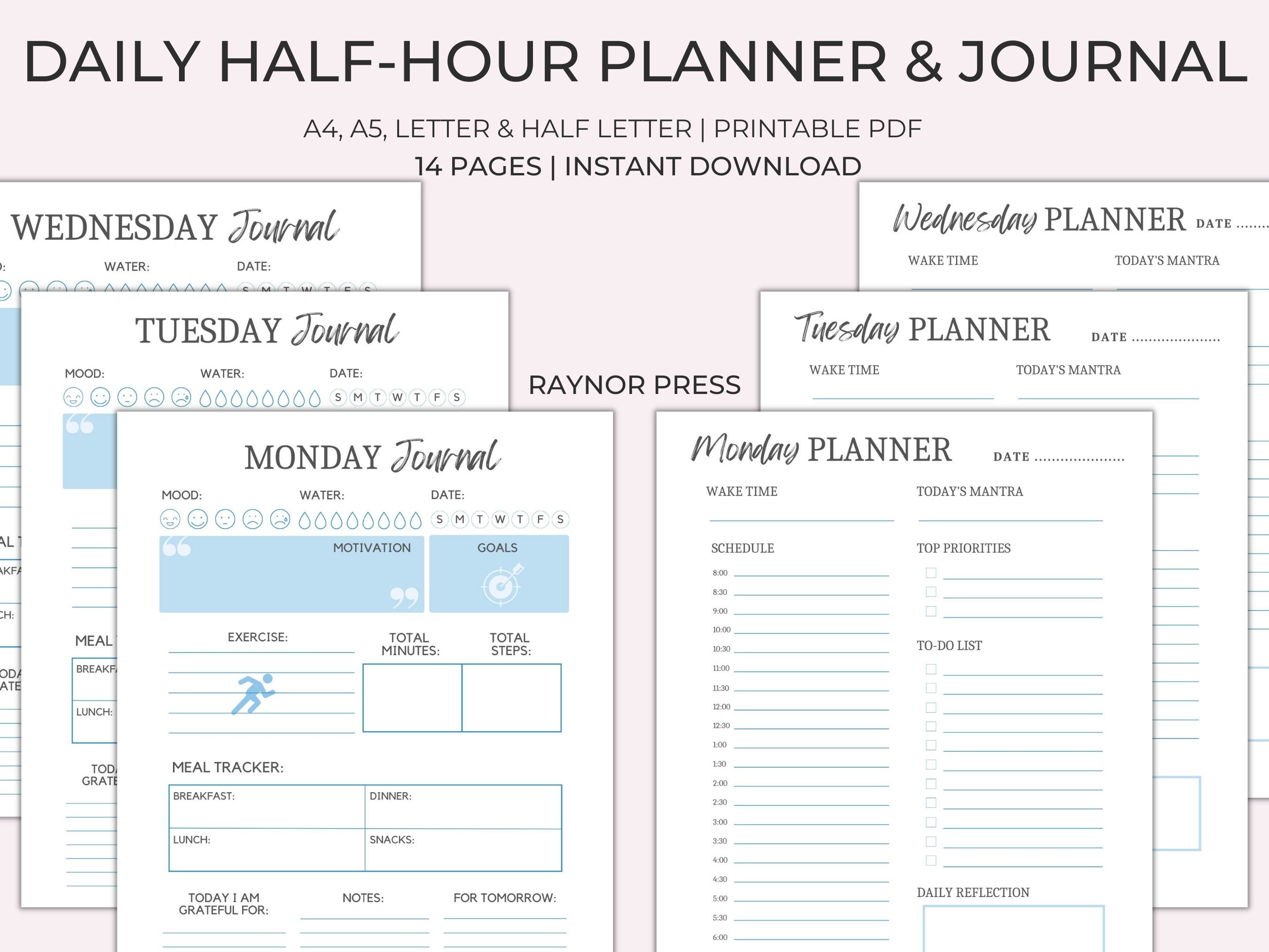 7 Day Planner and Self-care Journal, Daily Half Hour Planner, Undated ...
