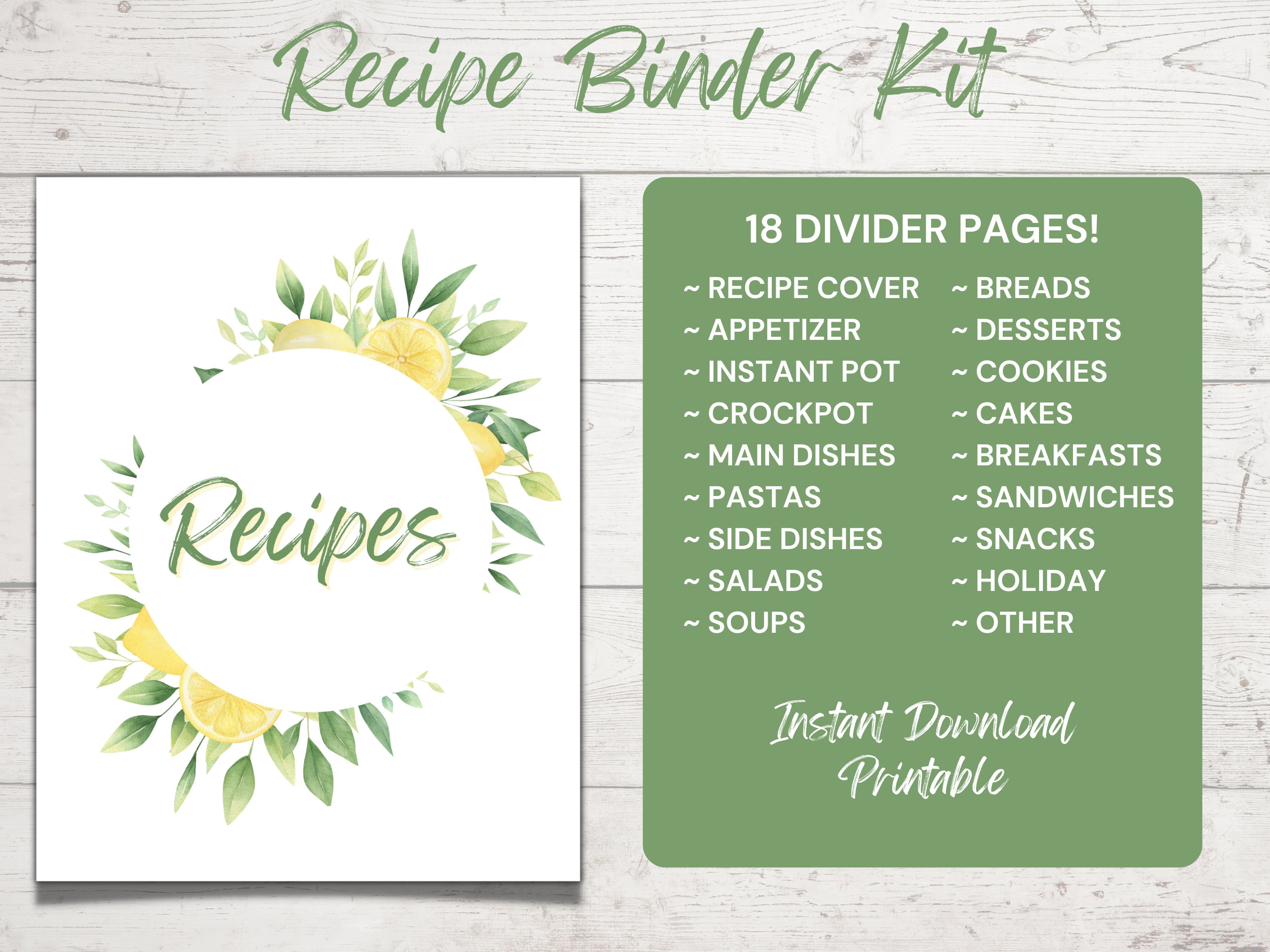 Recipe Binder Kit Section Dividers - Printable Recipe Binder Pages for ...