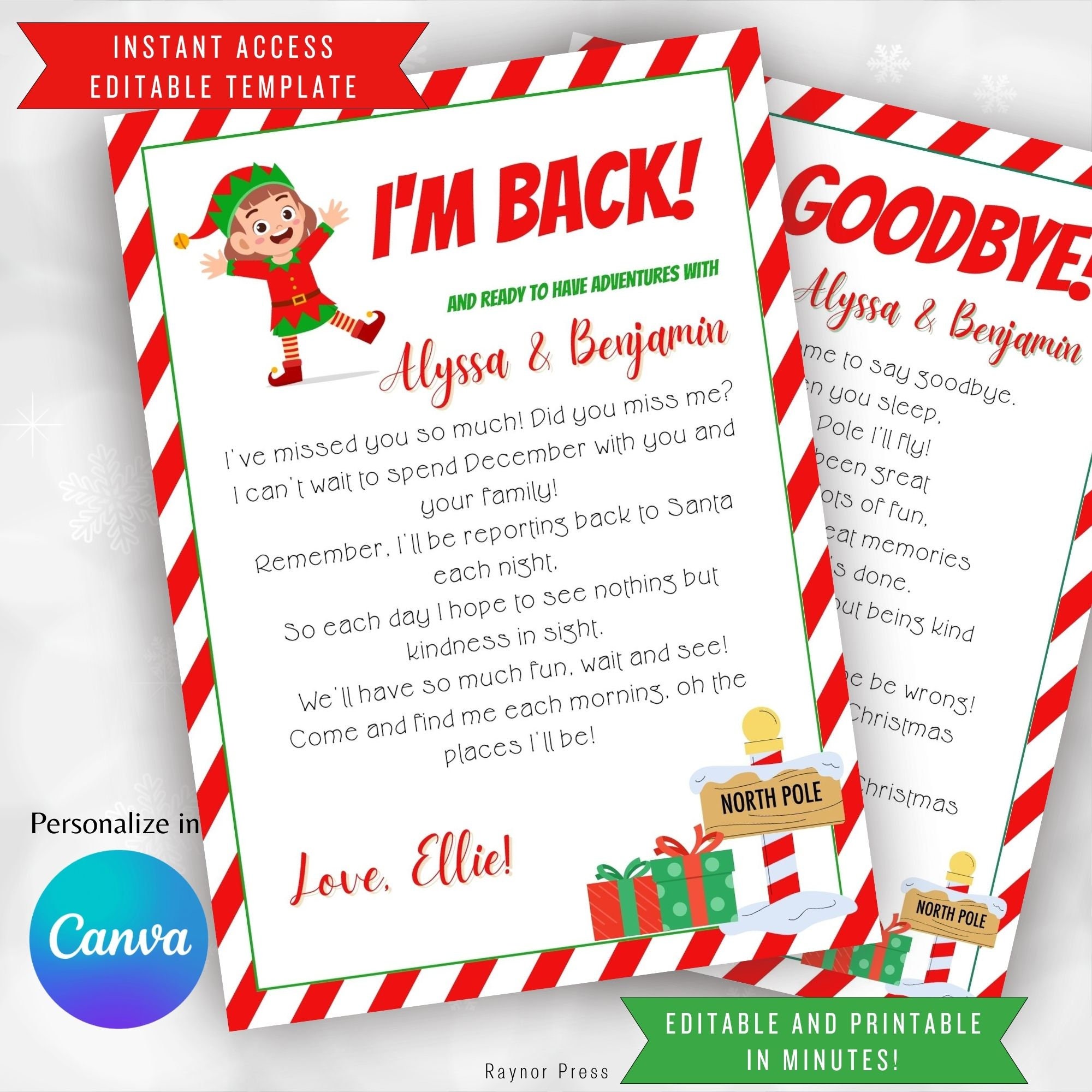 Girl Elf Arrival and Goodbye Letter TEMPLATES, Christmas Elf Letter to ...