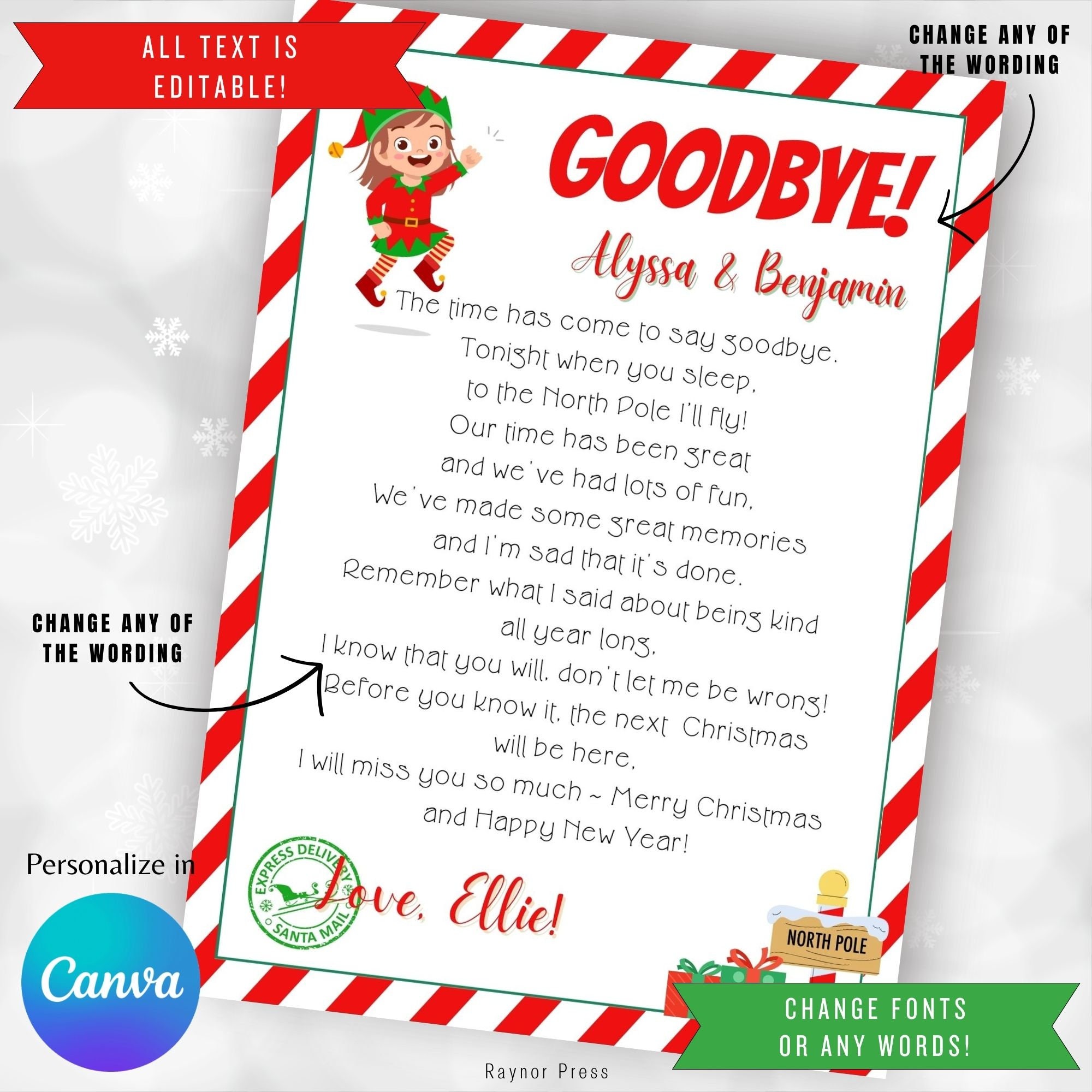 Girl Elf Arrival and Goodbye Letter TEMPLATES, Christmas Elf Letter to ...