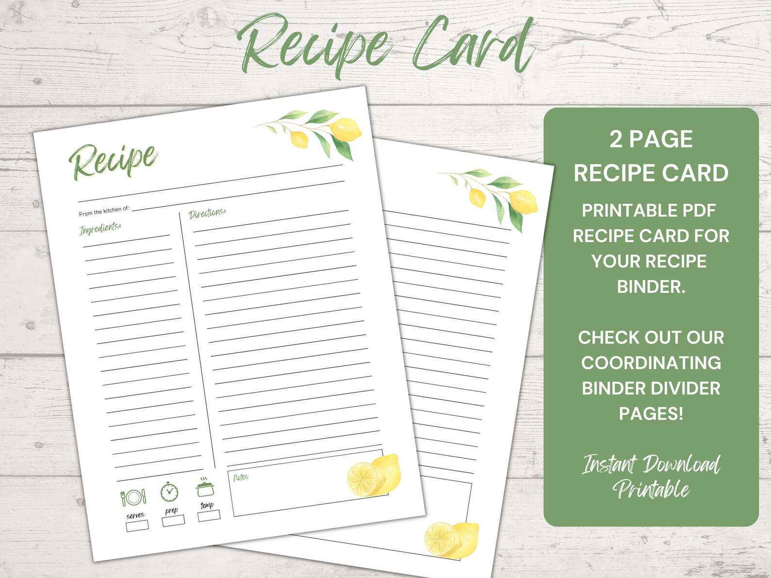 Printable Recipe Card | 2 Page Design, Print Front and Back | Lemon ...