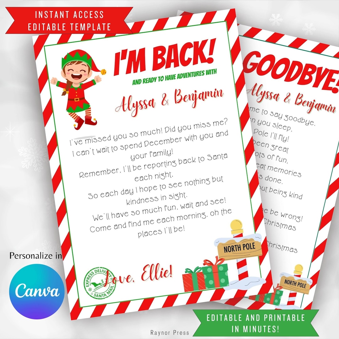 Girl Elf Arrival and Goodbye Letter TEMPLATES, Christmas Elf Letter to ...