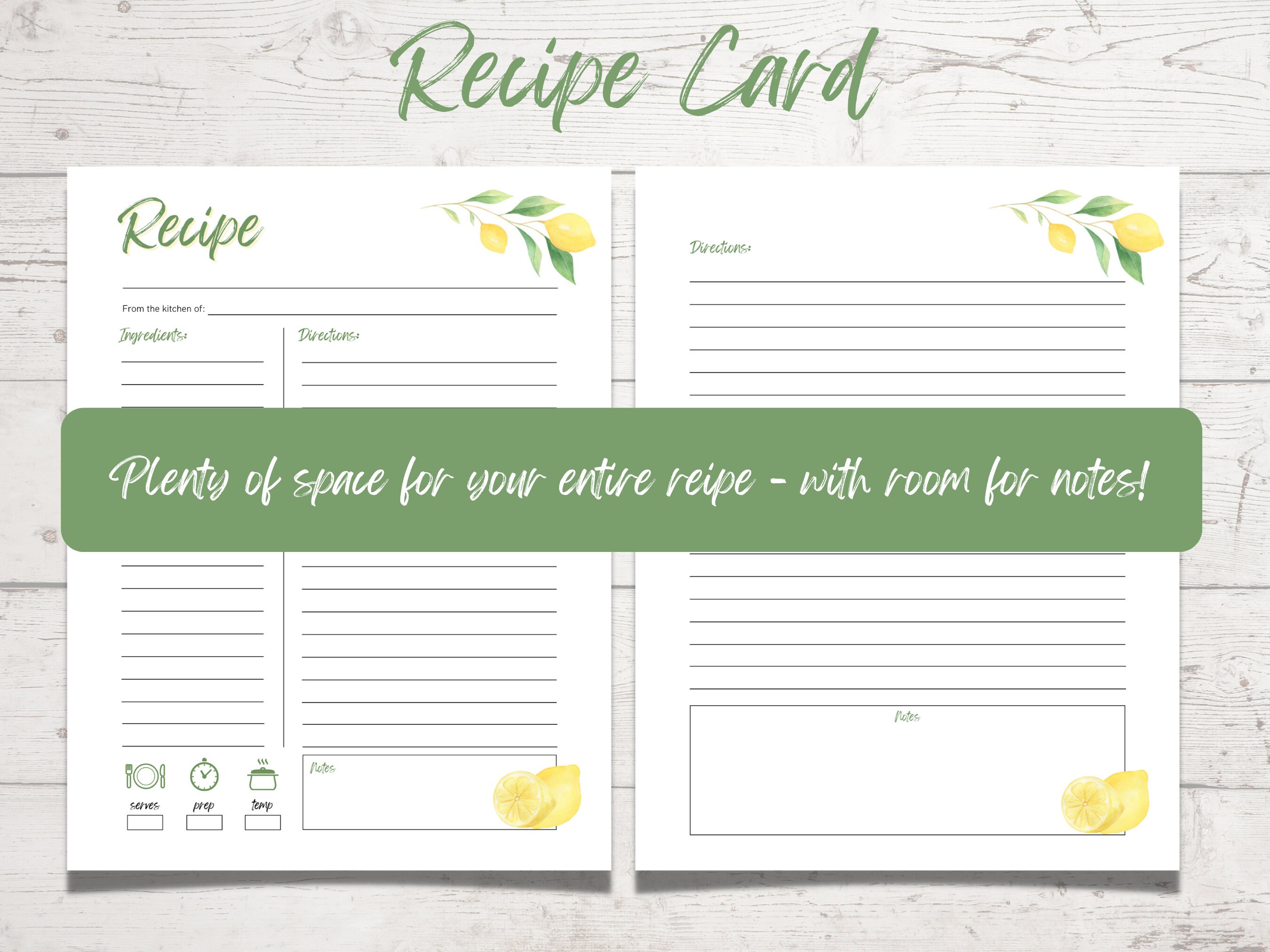Printable Recipe Card | 2 Page Design, Print Front and Back | Lemon ...