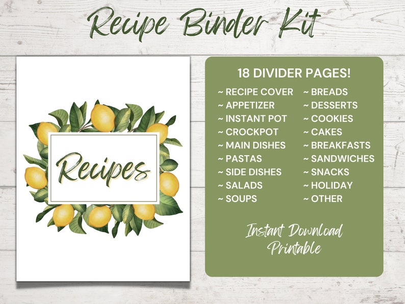 Recipe Binder Kit Section Dividers - Printable Recipe Binder Dividers ...