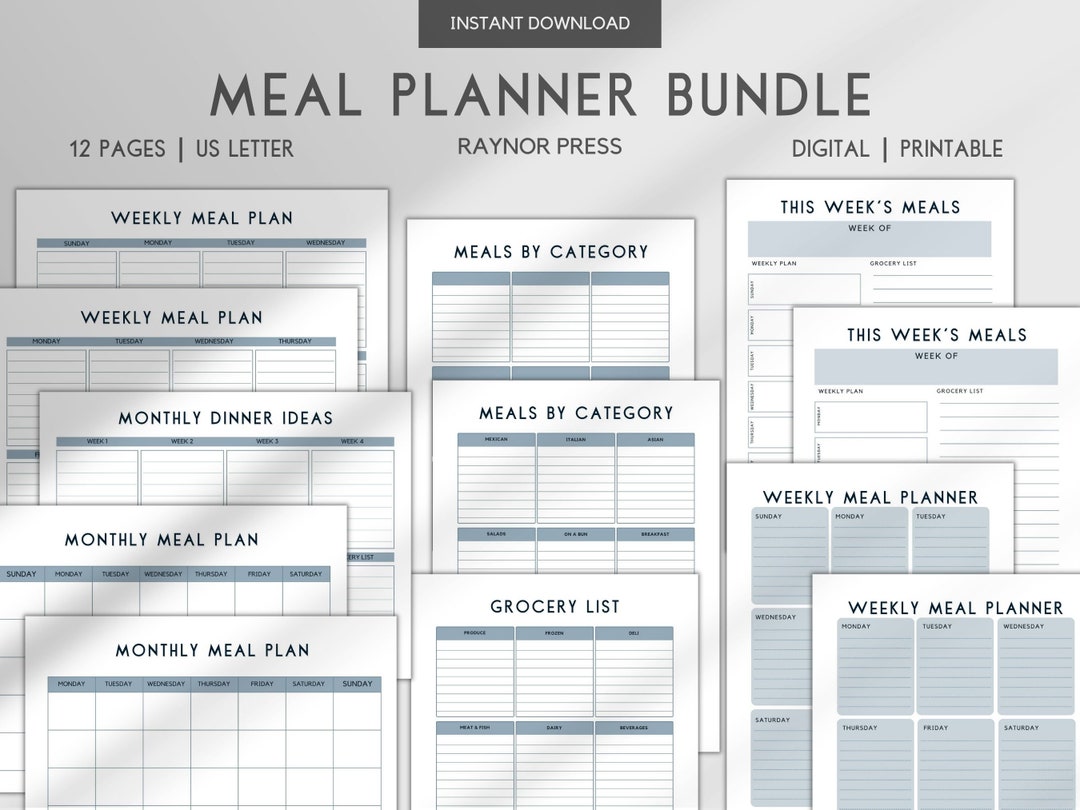 Digital and Printable Meal Planning Bundle, Weekly and Monthly Meal ...