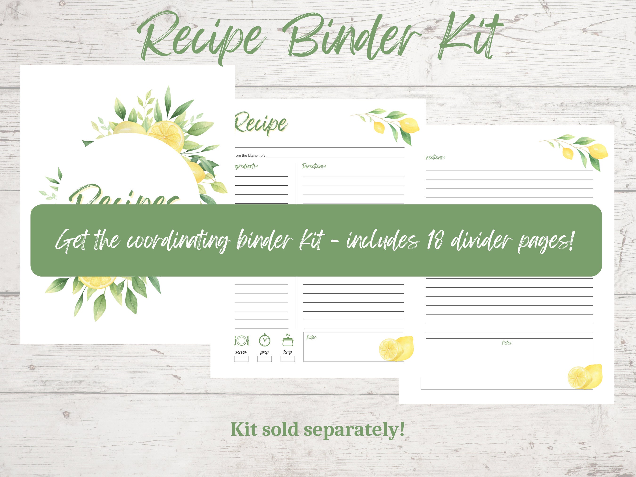 Printable Recipe Card | 2 Page Design, Print Front and Back | Lemon ...