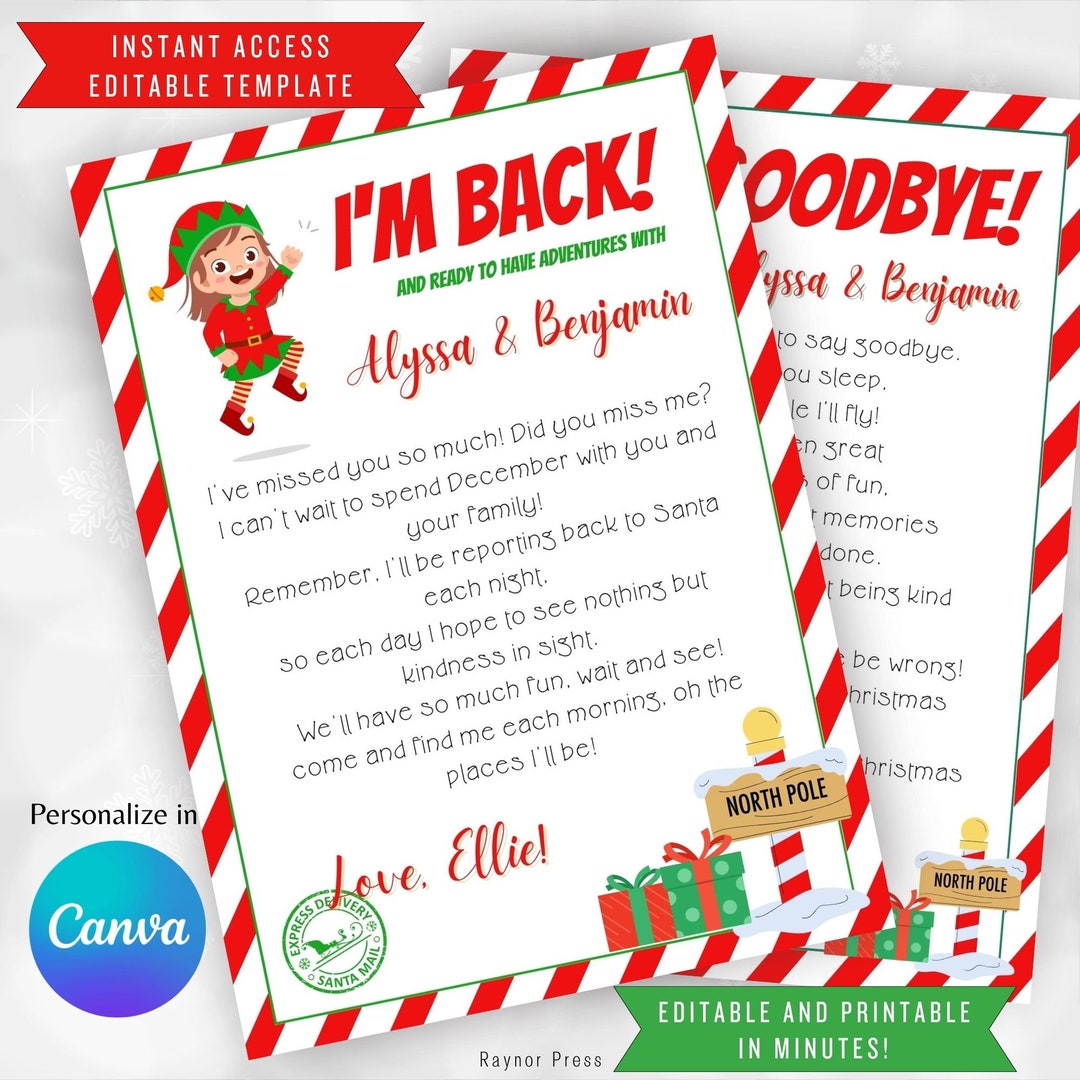 Girl Elf Arrival and Goodbye Letter TEMPLATES, Christmas Elf Letter to ...