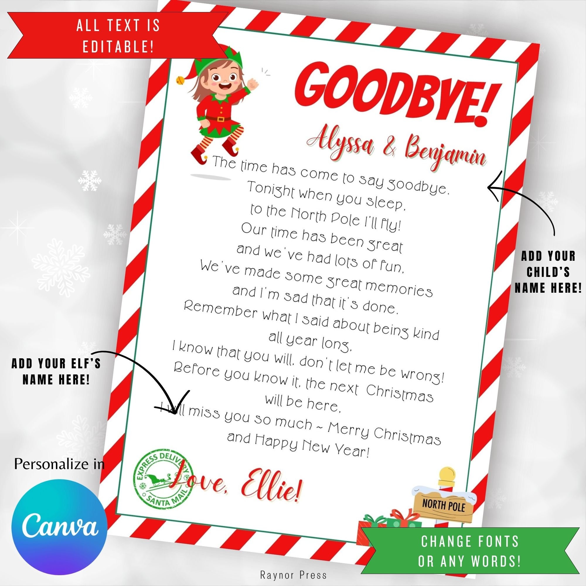 Girl Elf Arrival and Goodbye Letter TEMPLATES, Christmas Elf Letter to ...