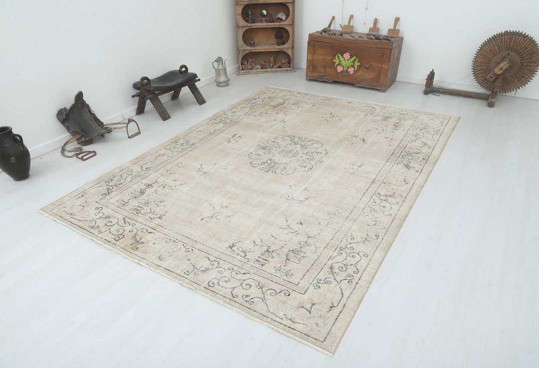 7x9 Natural Rug, Turkish Rug, 7x9 Oversize Rug, Vintage Rug, Oushak Rug ...