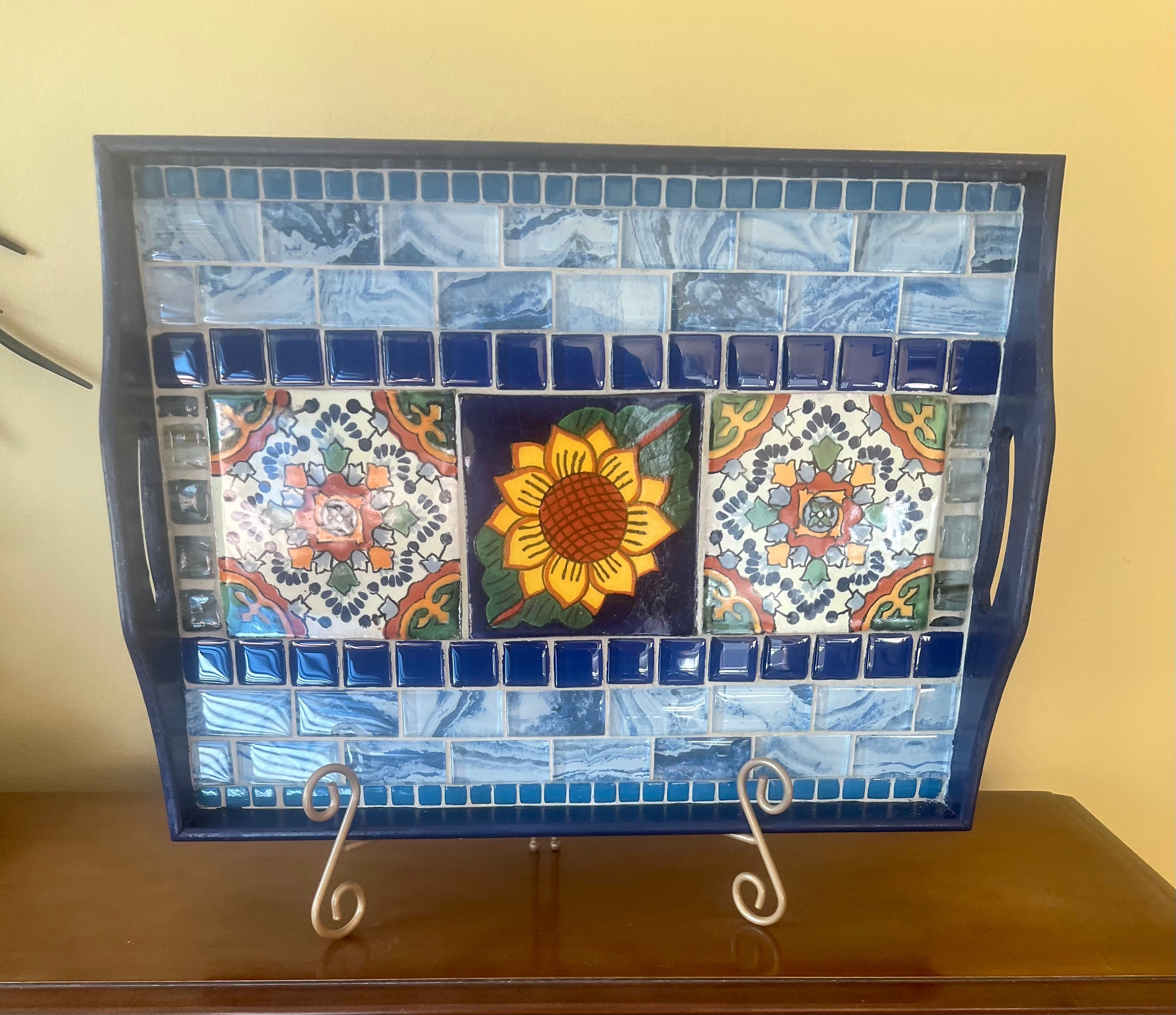 Decorative Mosaic Serving Tray With Mexican Talavera, Stained Glass and ...