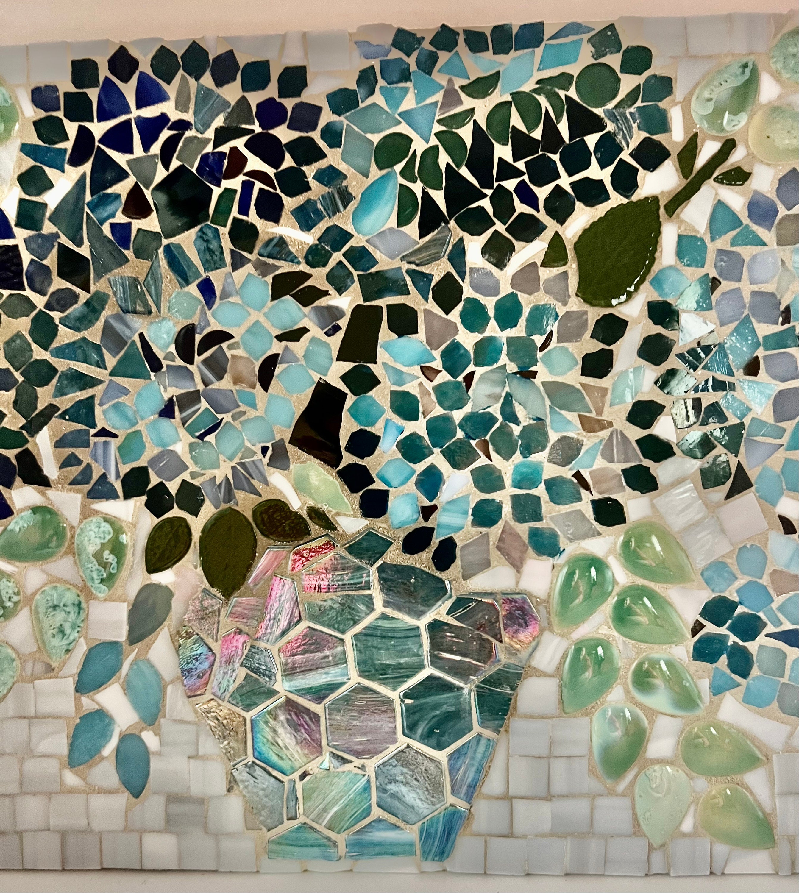 Mosaic Wall Art, Pretty Flowers in Vase, Handcrafted, 11x14, Blue, Purple and Green Ceramic and ...