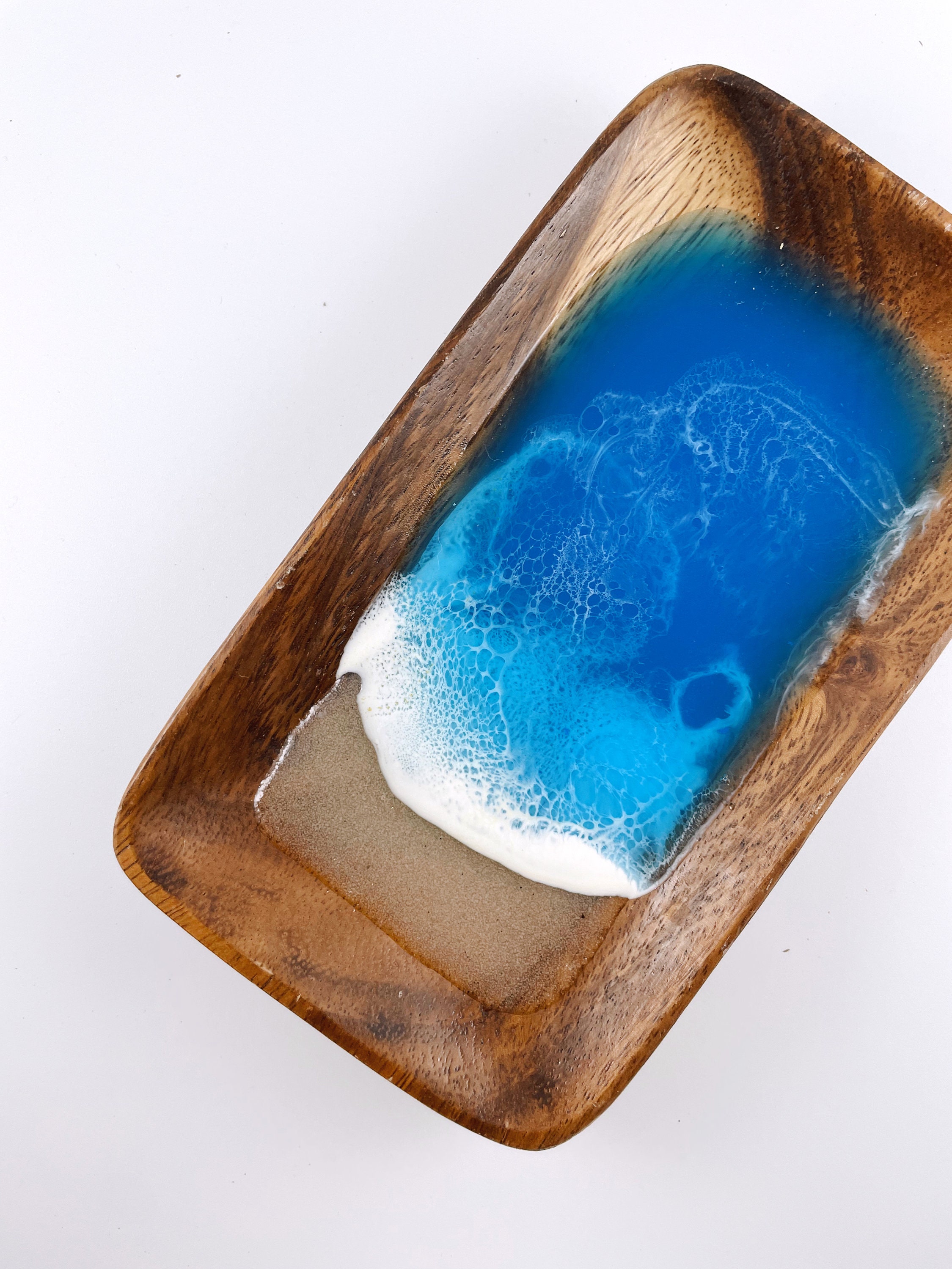 Wooden Resin Ocean Rectangular Dish – Handmade Coastal Epoxy Tray ...