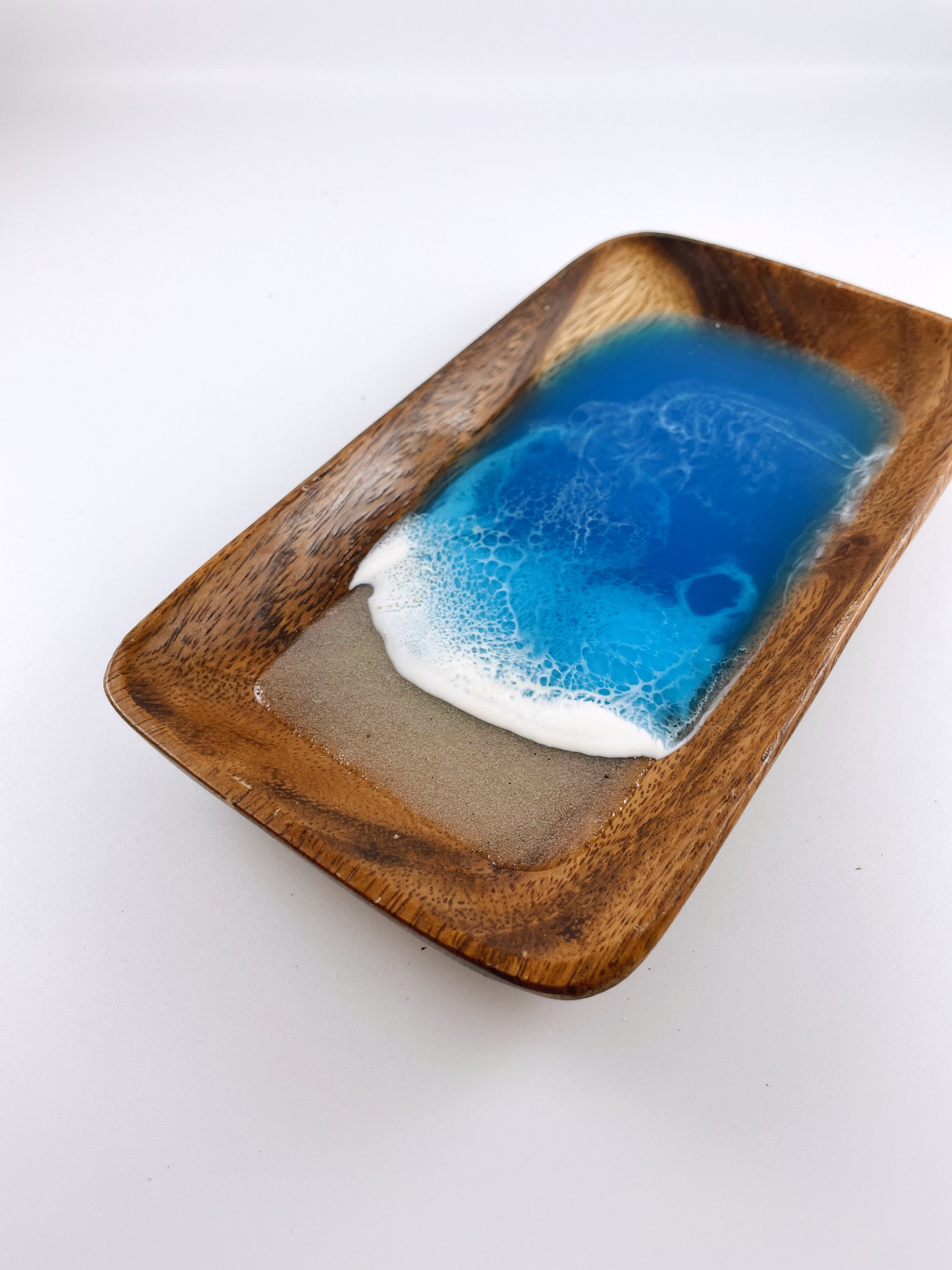Wooden Resin Ocean Rectangular Dish – Handmade Coastal Epoxy Tray ...