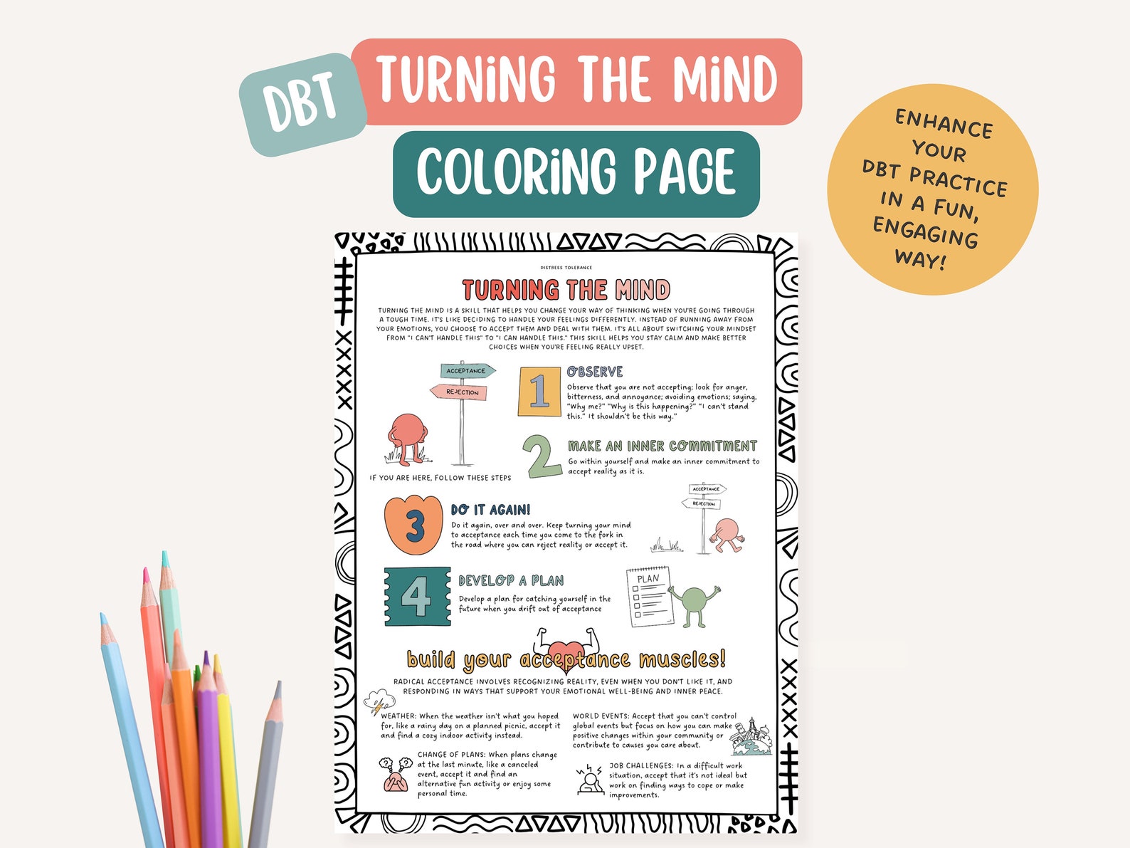 DBT Turning the Mind, Therapist Office, Mental Health Coloring Page ...