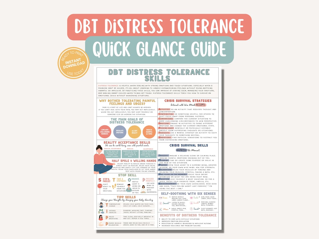 DBT Distress Tolerance Skills Cheat Sheet Coping Skills Overview Self ...