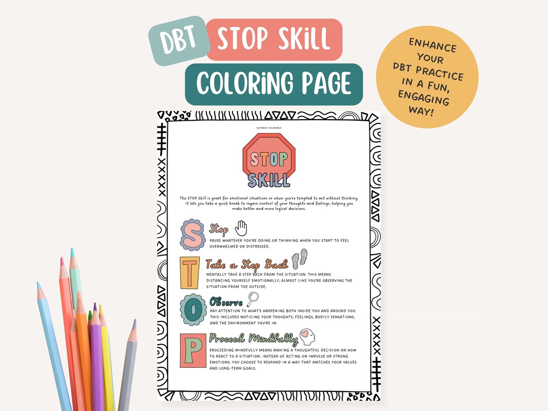 DBT STOP Skill, Therapist Office, Mental Health Coloring Page, BPD ...