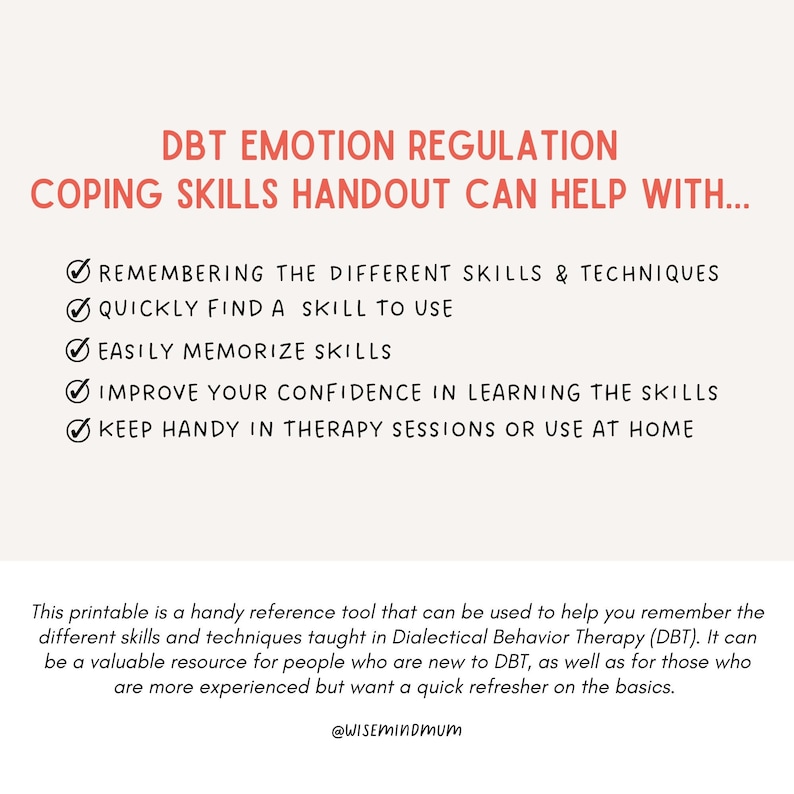 DBT Emotion Regulation Skills Cheat Sheet Coping Skills Overview Self ...
