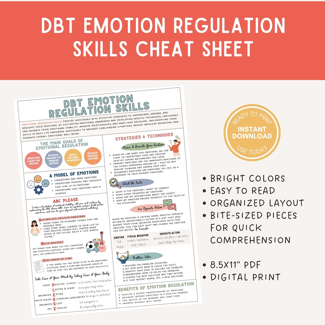 DBT Emotion Regulation Skills Cheat Sheet Coping Skills Overview Self ...