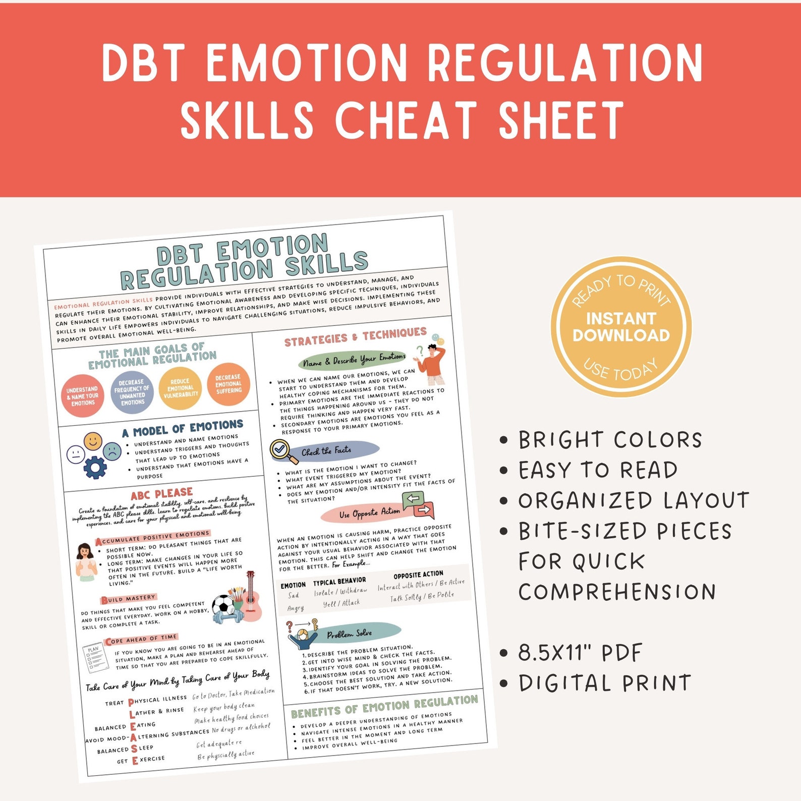 DBT Emotion Regulation Skills Cheat Sheet Coping Skills Overview Self ...