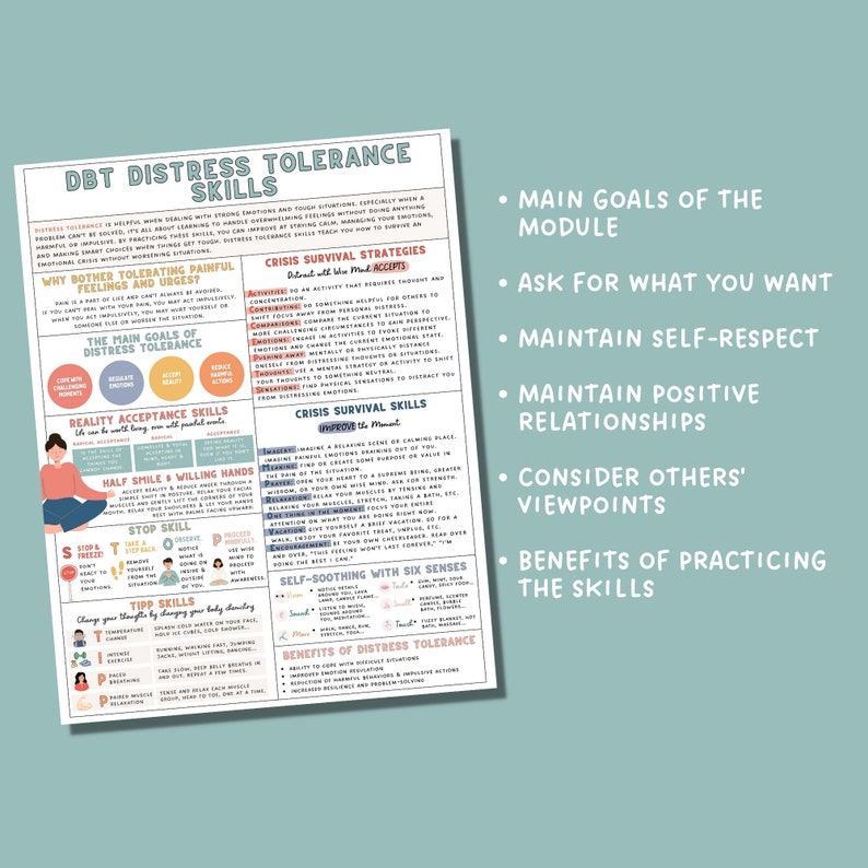 DBT Distress Tolerance Skills Cheat Sheet Coping Skills Overview Self ...
