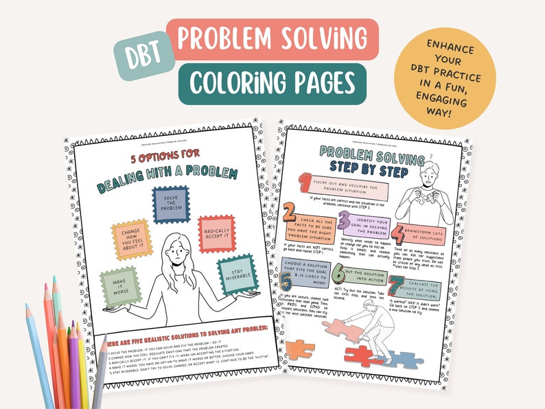DBT Problem Solving Coloring Pages: Mental Health Therapy Tools (PDF ...