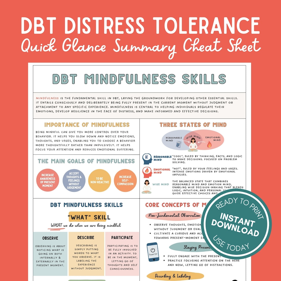 DBT Distress Tolerance Skills Cheat Sheet Coping Skills Overview Self ...