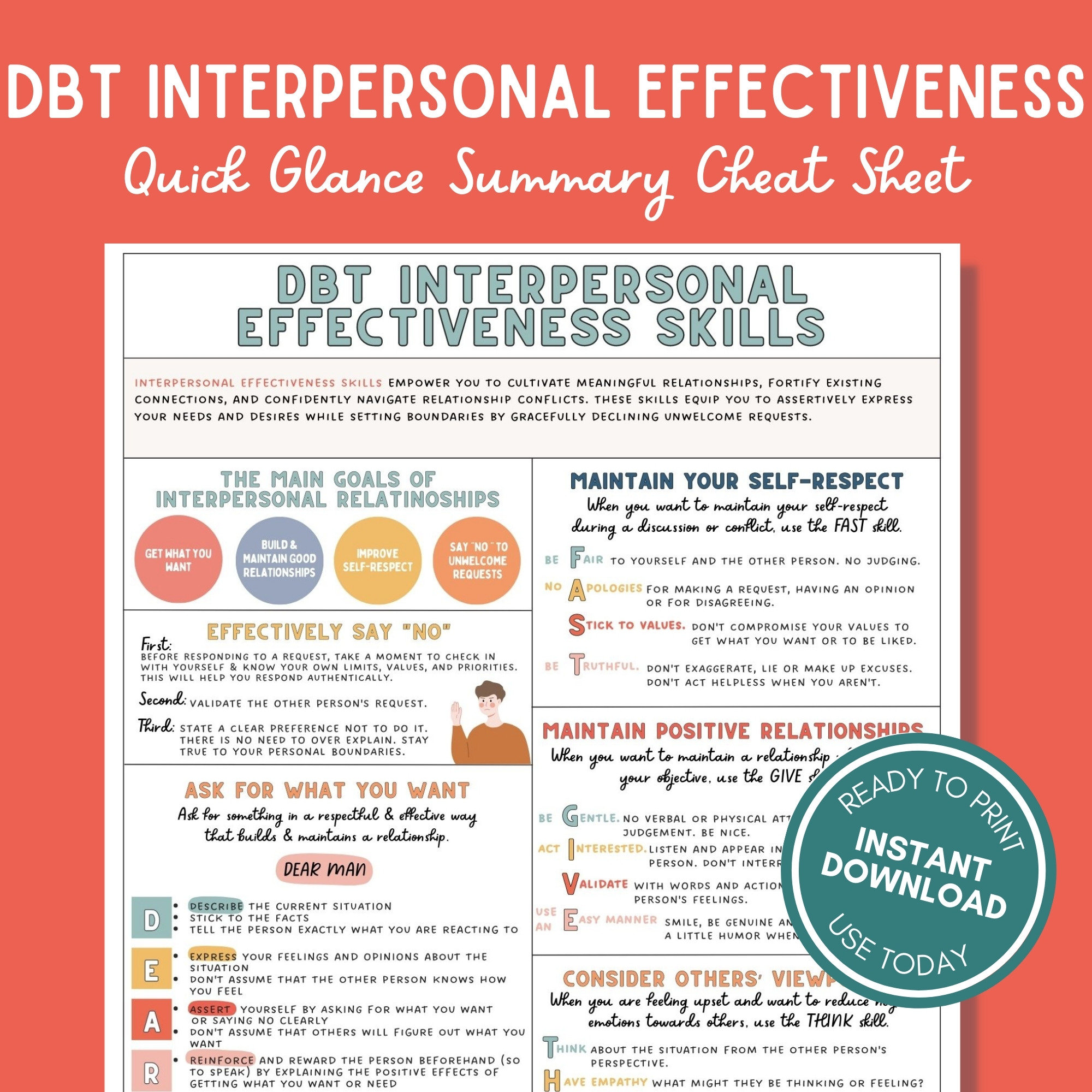 DBT Interpersonal Effectiveness Skills Cheat Sheet Coping Skills ...