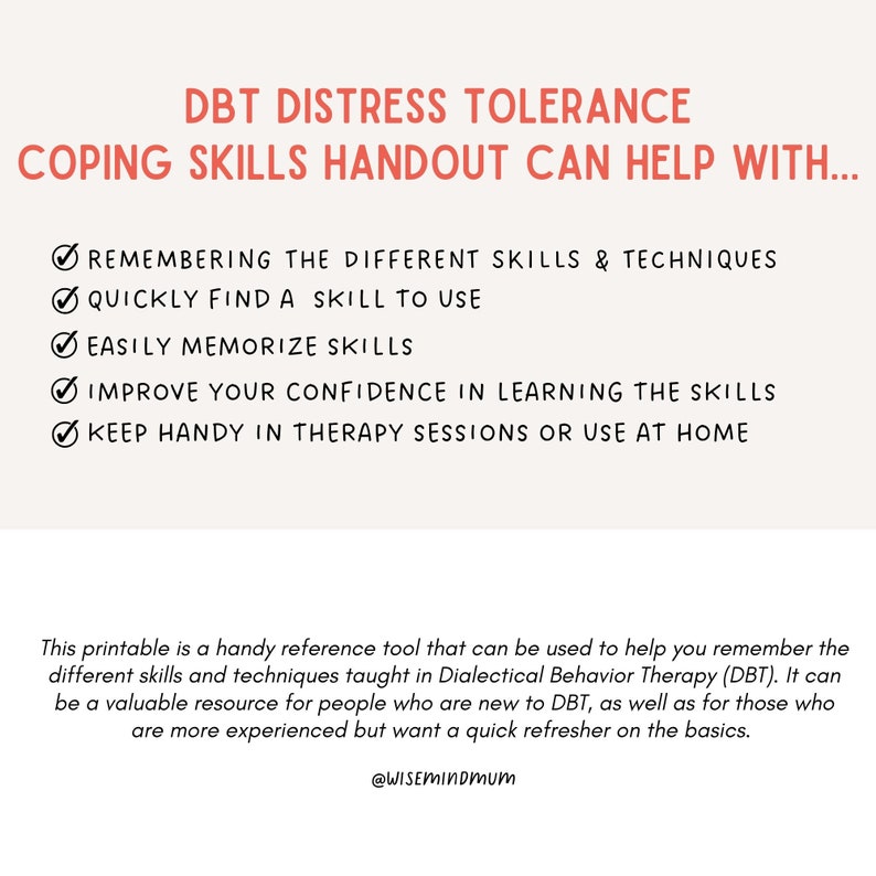DBT Distress Tolerance Skills Cheat Sheet Coping Skills Overview Self ...