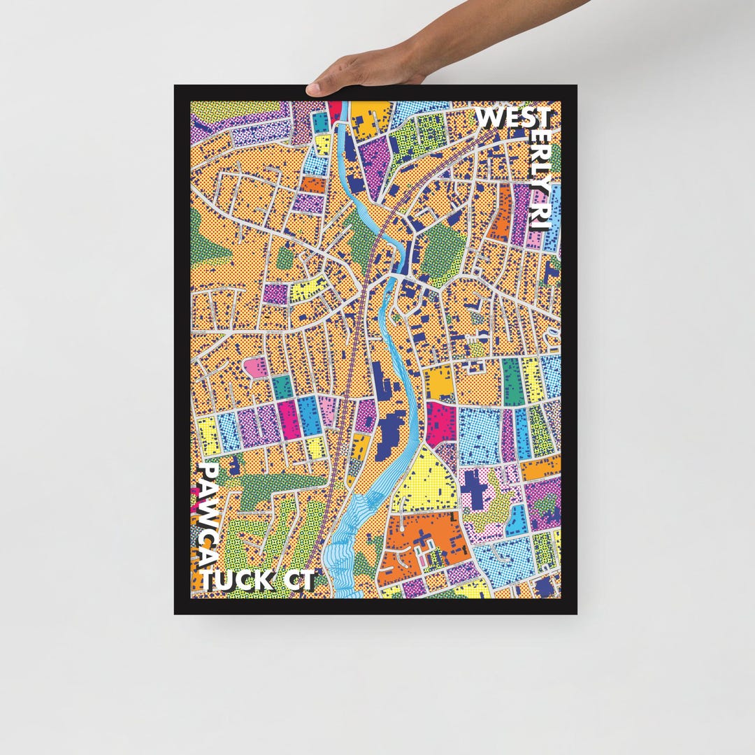 Framed Poster Map of the Magical Border of Pawcatuck Ct and Westerly RI ...