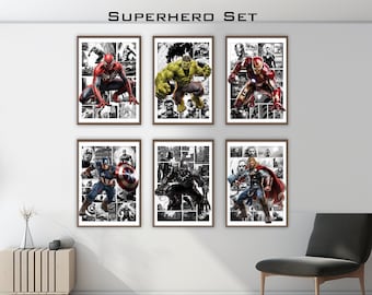 Superhero Set of 6 - Superhero Prints - Superhero Wall Art - Superhero ...