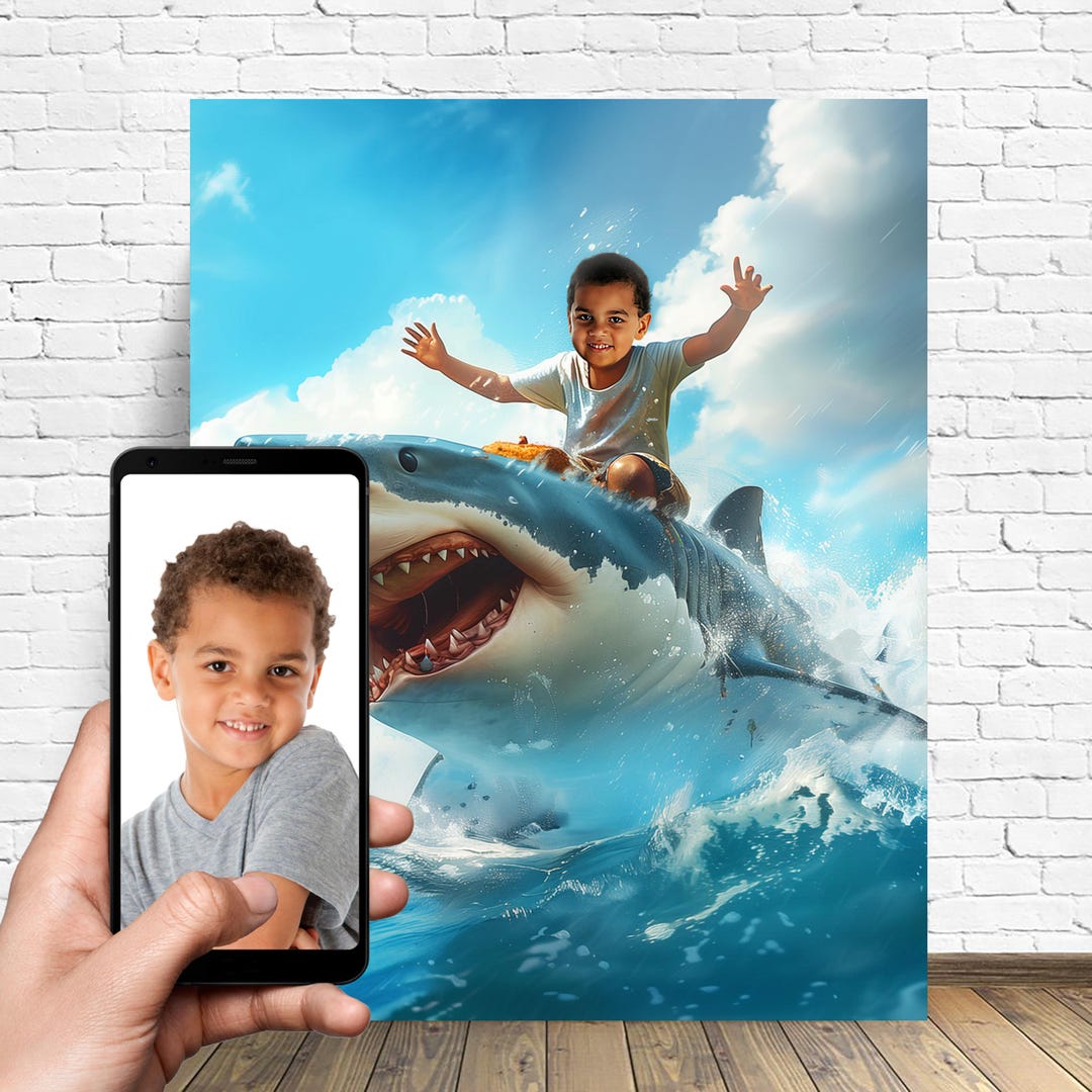 Personalized Shark With Kid Portait - Boy Riding a Shark - Great White ...