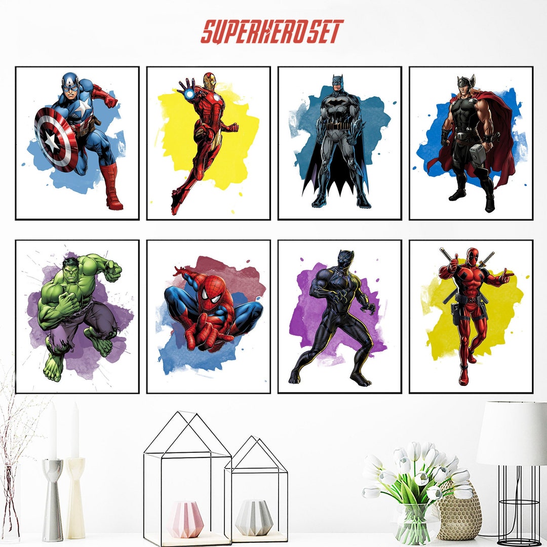 Superhero Set of 8 - Superhero Prints - Superhero Wall Art - Superhero ...