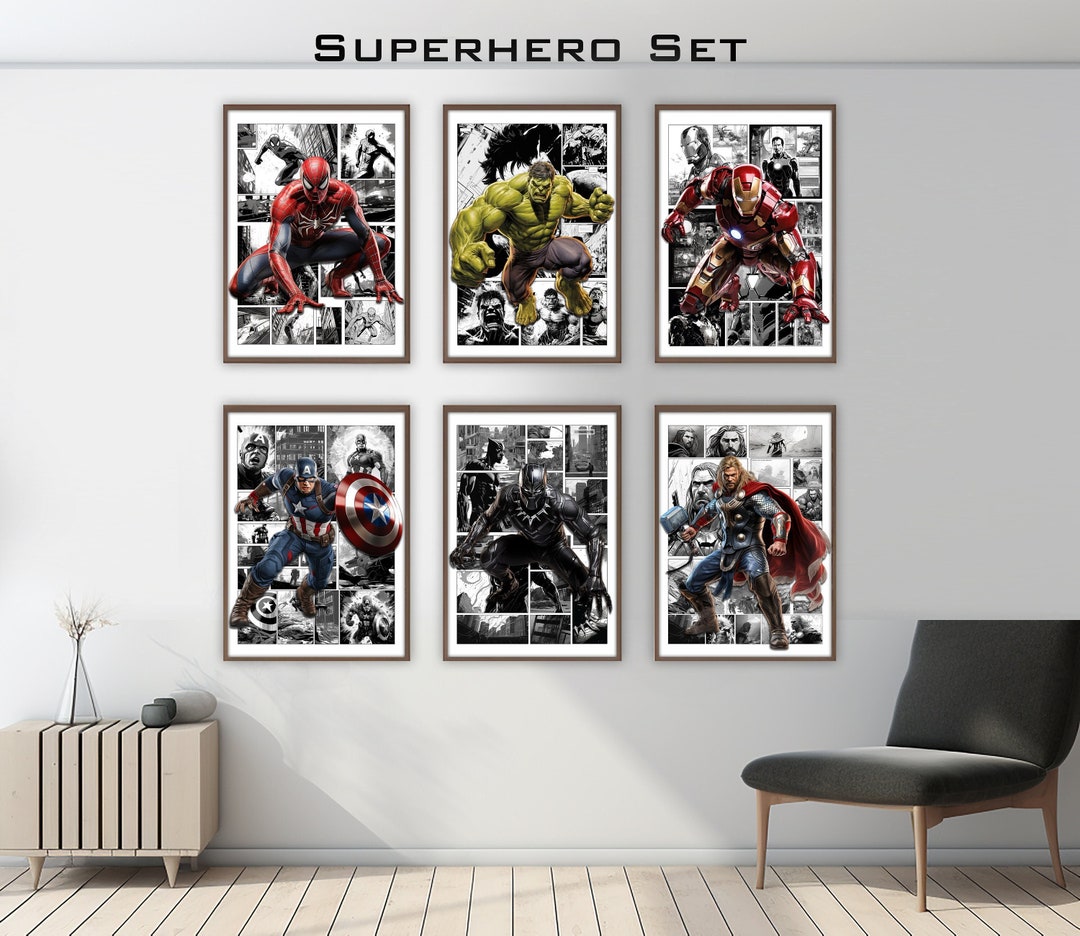 Superhero Set of 6 - Superhero Prints - Comic Page - Superhero Wall Art ...