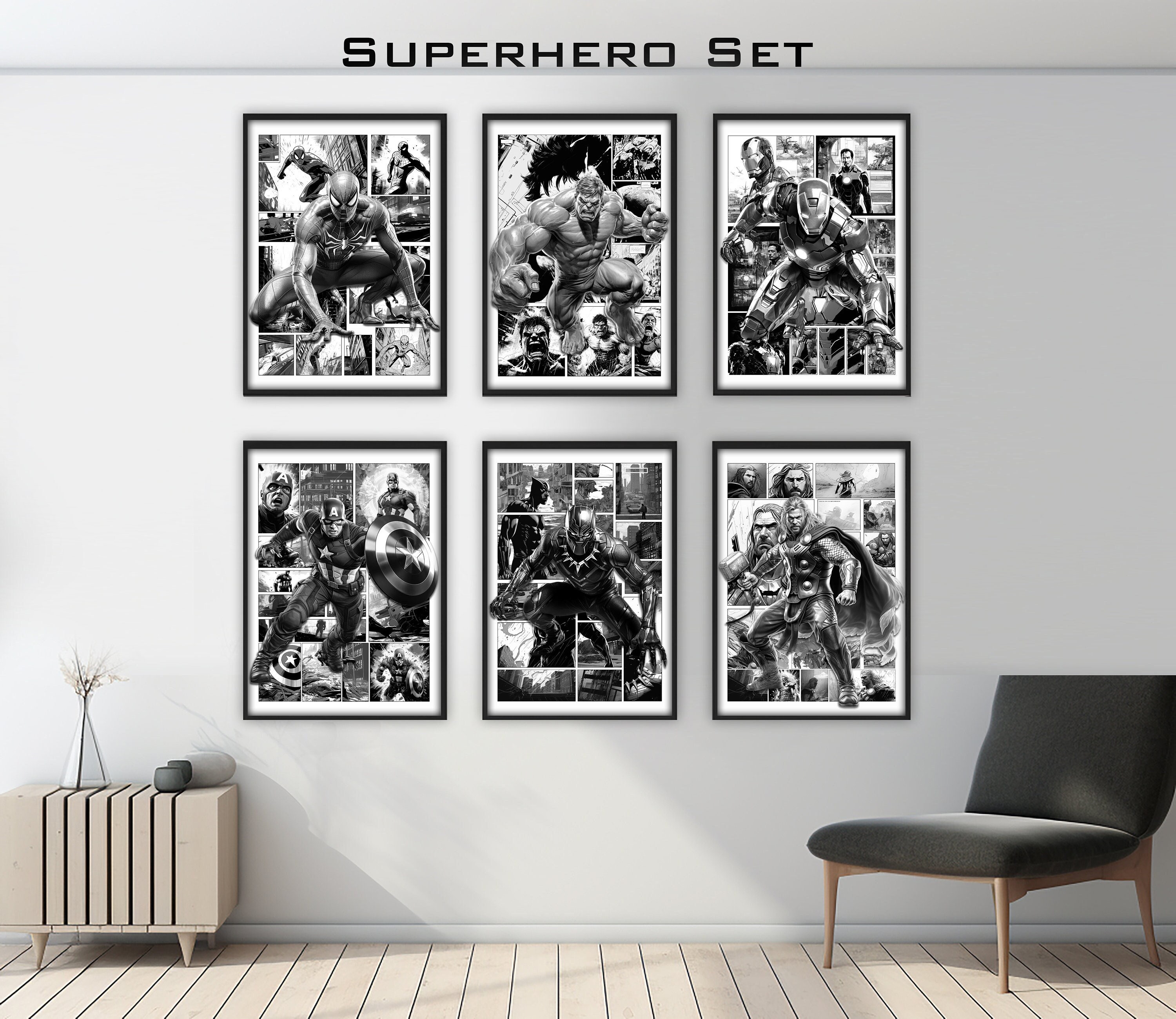 Superhero Set of 6 - Superhero Prints - Comic Page - Superhero Wall Art ...