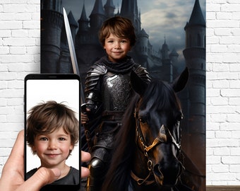 Child Knight Riding a Horse Personalized Knight Portrait Custom Kid ...