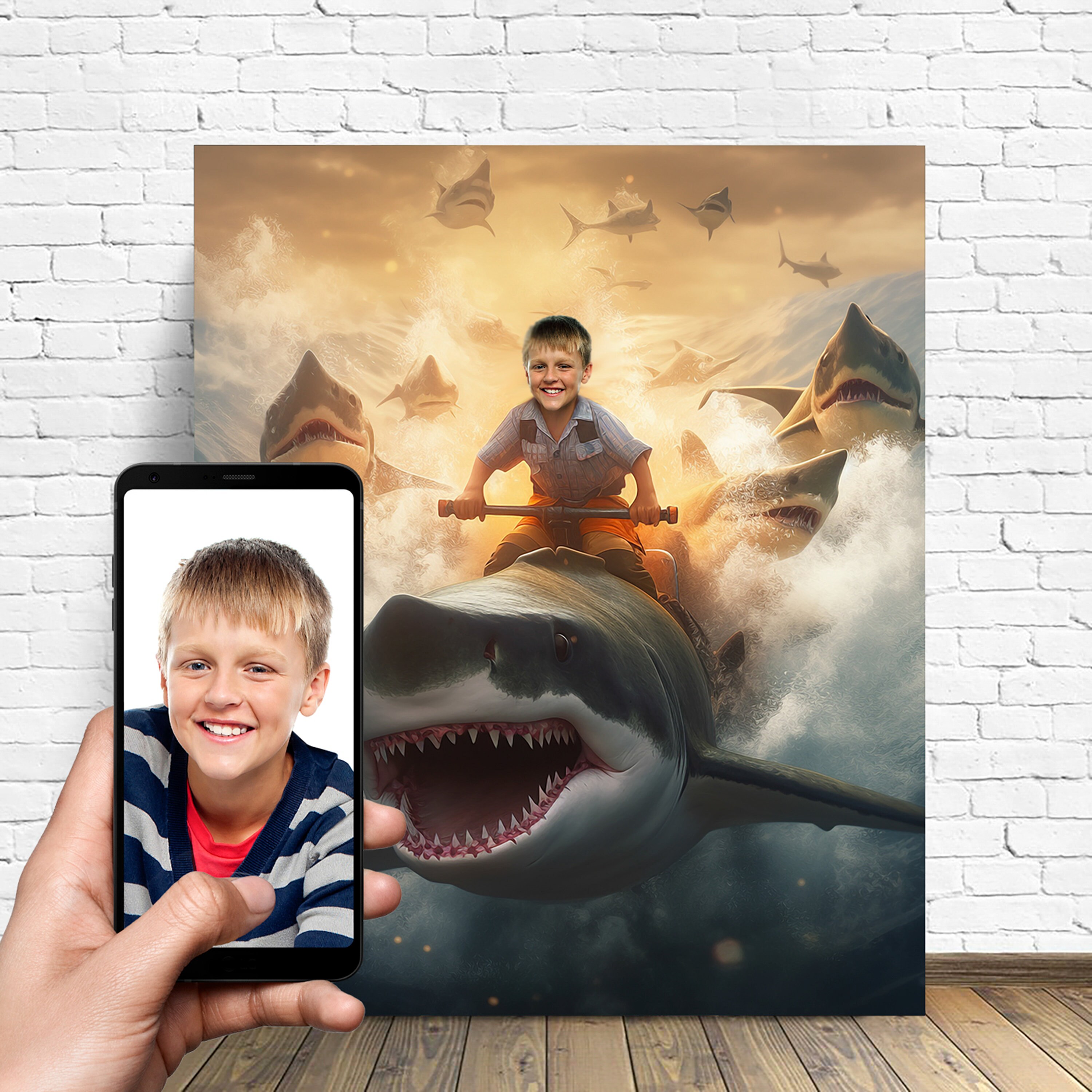 Personalized Shark With Kid Portait - Boy Riding a Shark - Great White ...