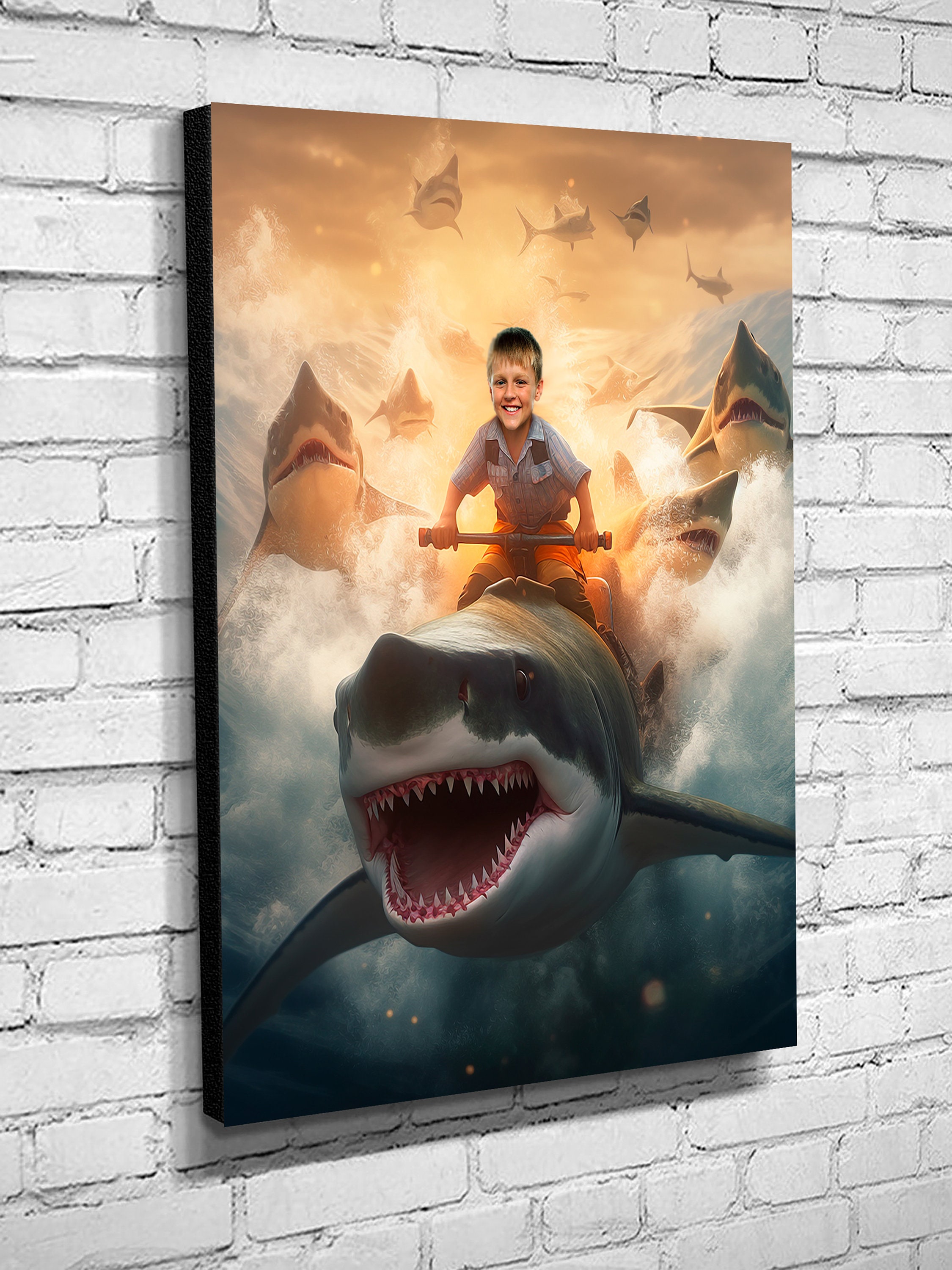Personalized Shark With Kid Portait Boy Riding a Shark - Etsy Australia
